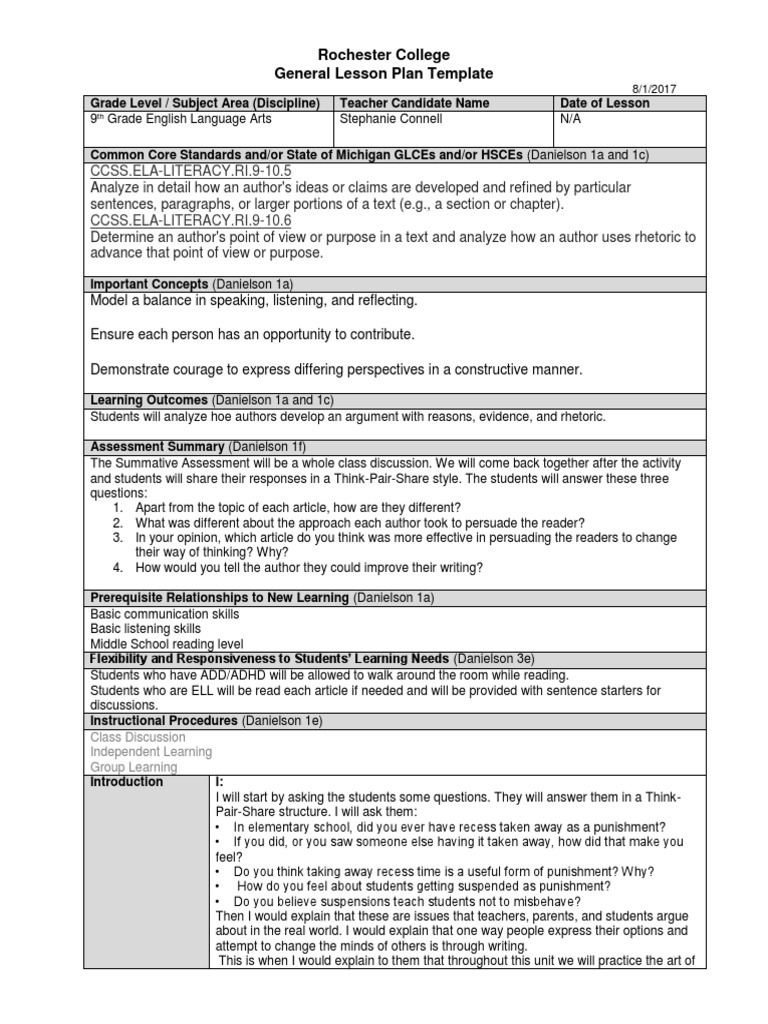 9th Grade English Lesson Plan Template | PDF | Educational Assessment ...