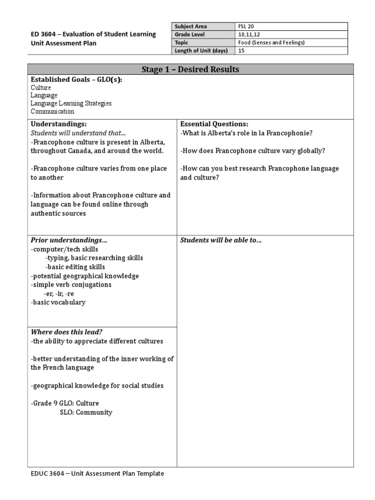 FSL 20 Unit Assessment Plan: Food & Culture | PDF | French Language | Quiz