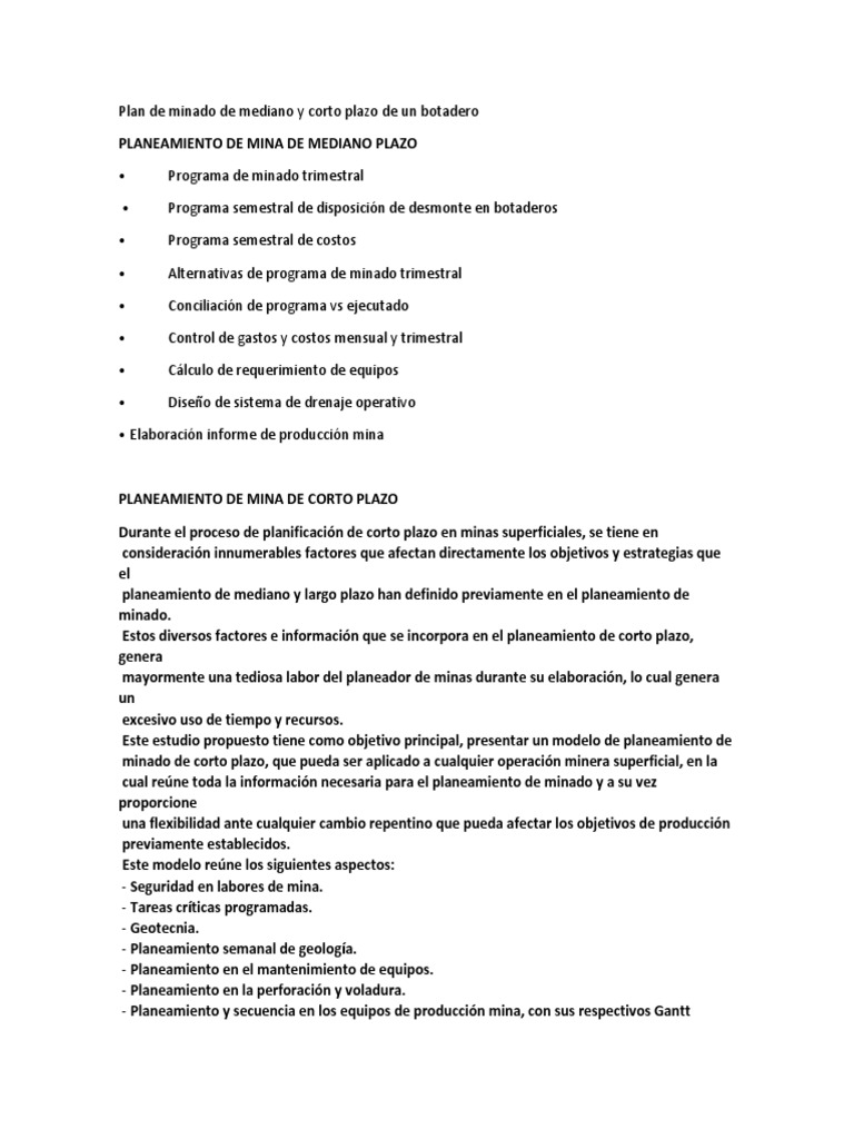 Plan de Minado de Mediano y Corto Plazo | PDF | Planificación | Toma de ...