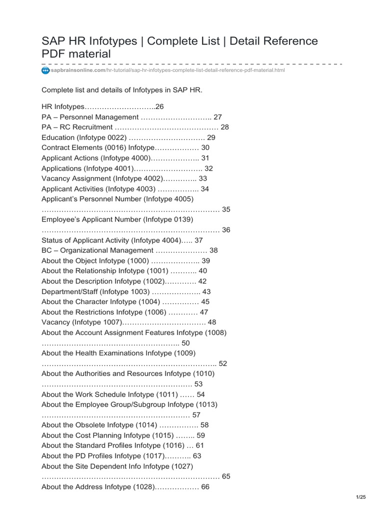 SAP HR Infotypes Complete List Detail Reference PDF Material | PDF ...