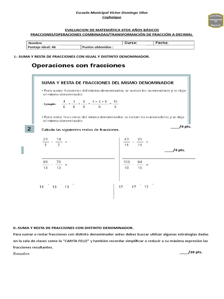 Prueba de Operaciones Con Fracciones - Doc 6tos | PDF | Fracción ...