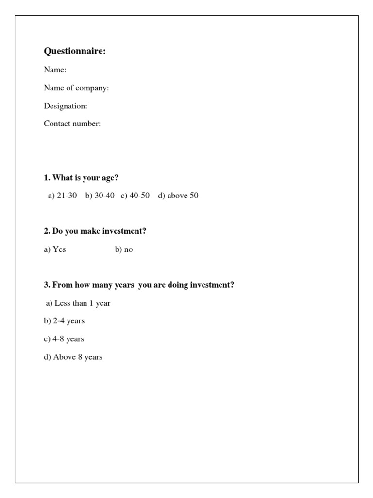 Questionnaire:: Name: Name of Company: Designation: Contact Number | PDF