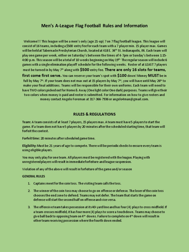 Men's A-League Flag Football Rules | PDF | Quarterback | Sport Variants