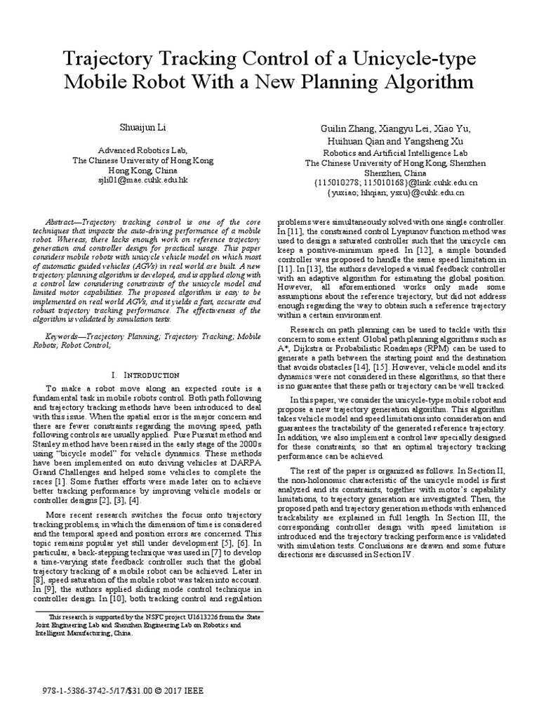 Trajectory Tracking Control of A Unicycle-Type Mobile Robot With A New Planning Algorithm | PDF ...