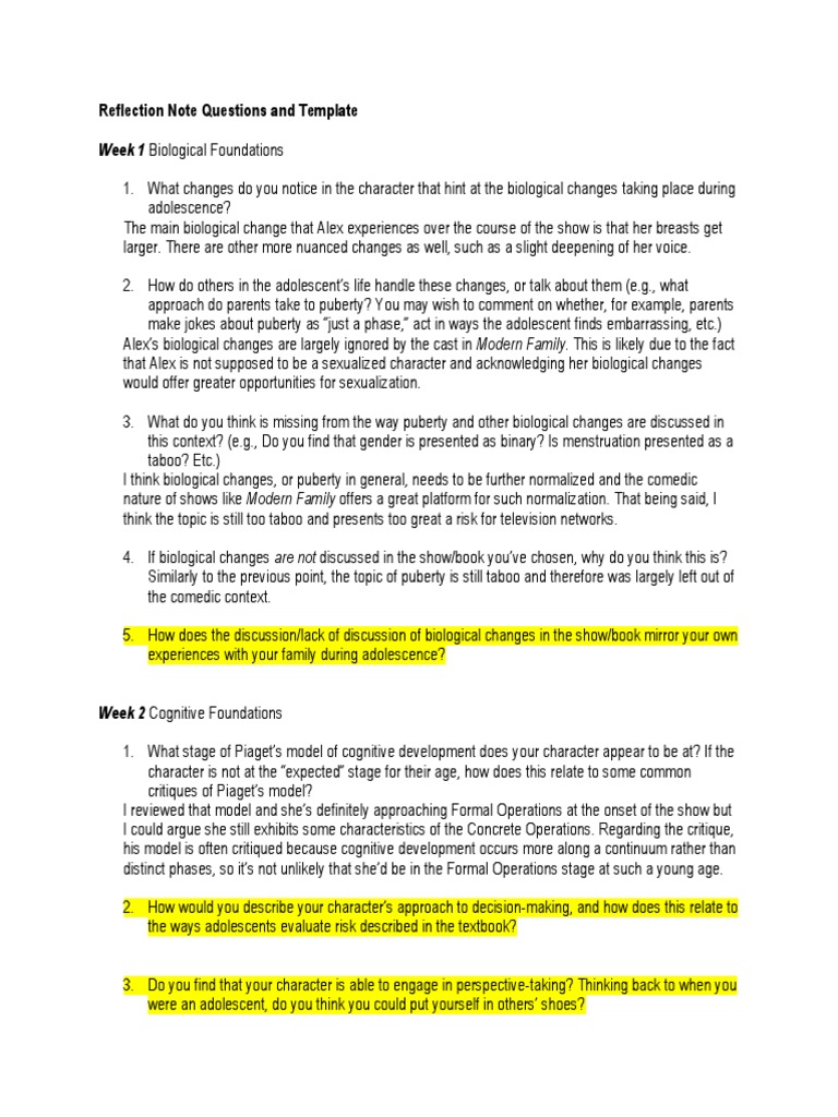 Week 1 Biological Foundations: Reflection Note Questions and Template ...