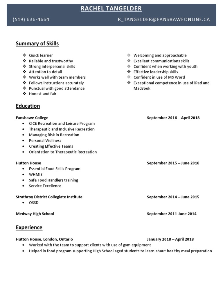 Rachel Resume | Download Free PDF | Recreation | Leadership