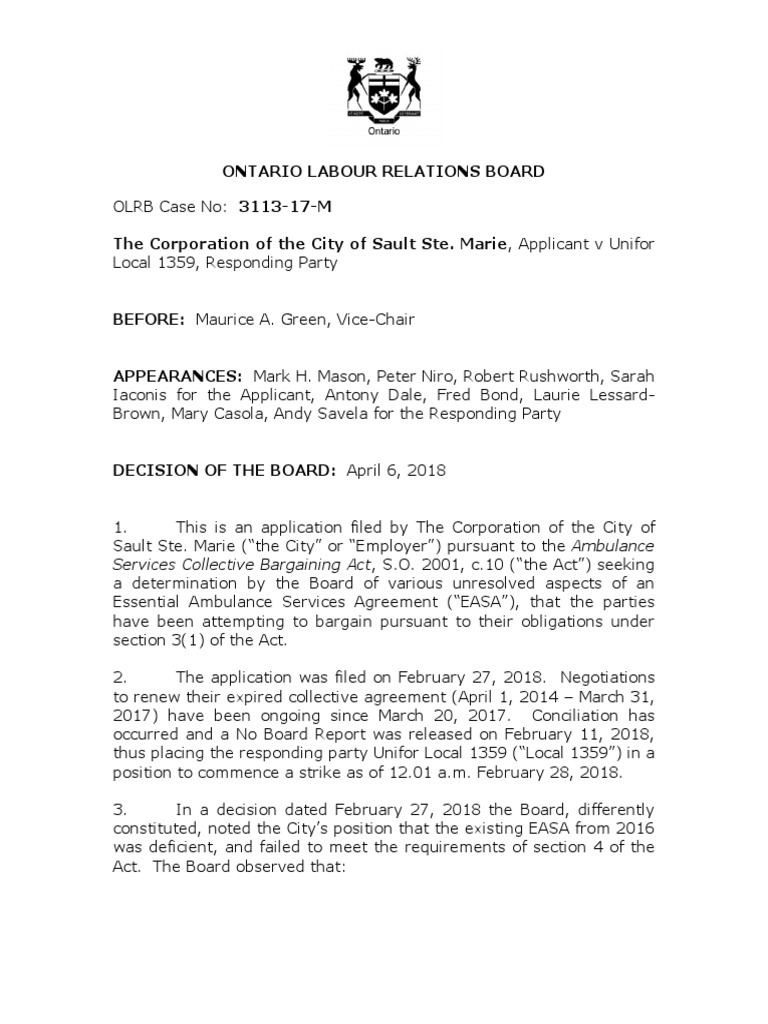 Ontario Labour Relations Board: Services Collective Bargaining Act, S.O ...