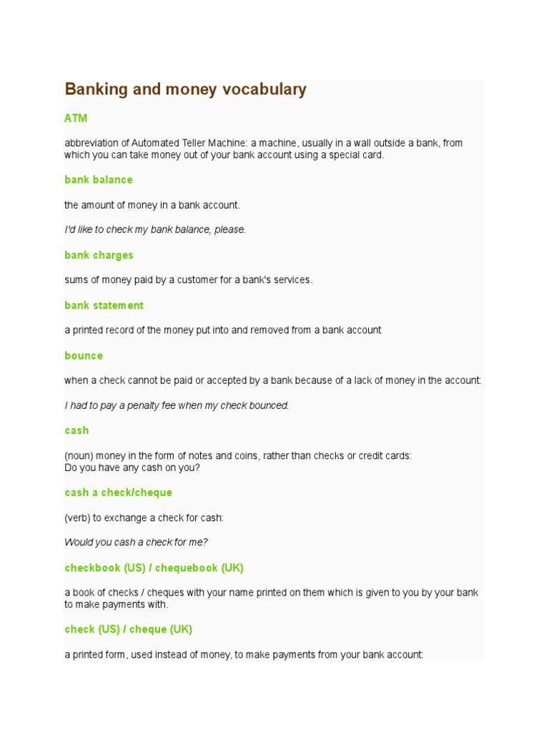 Banking and Money Vocabulary Guide | PDF | Cheque | Banks