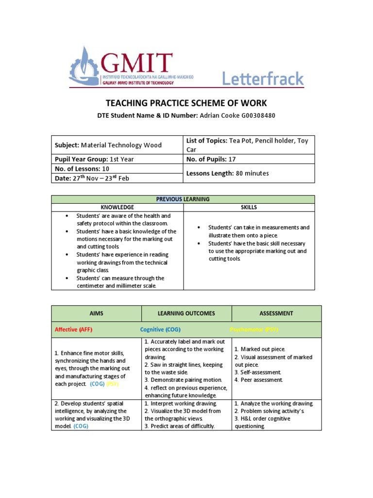 Scheme of Work Material Technology Wood 1st Year | PDF | Educational ...