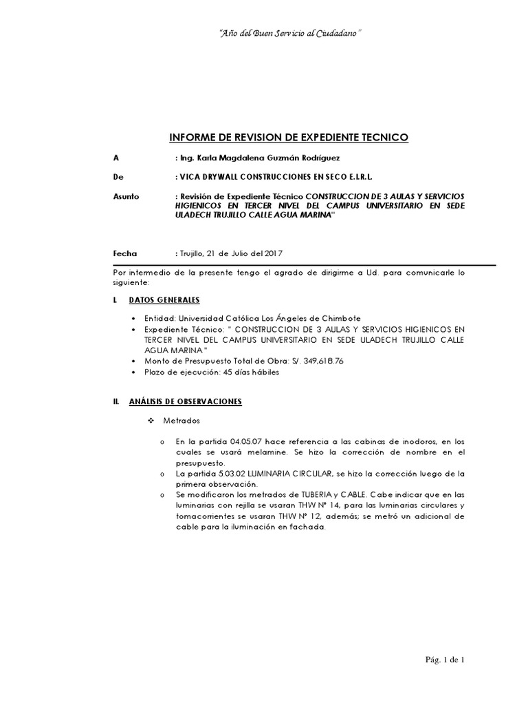 Informe de Revision de Expediente Tecnico | PDF