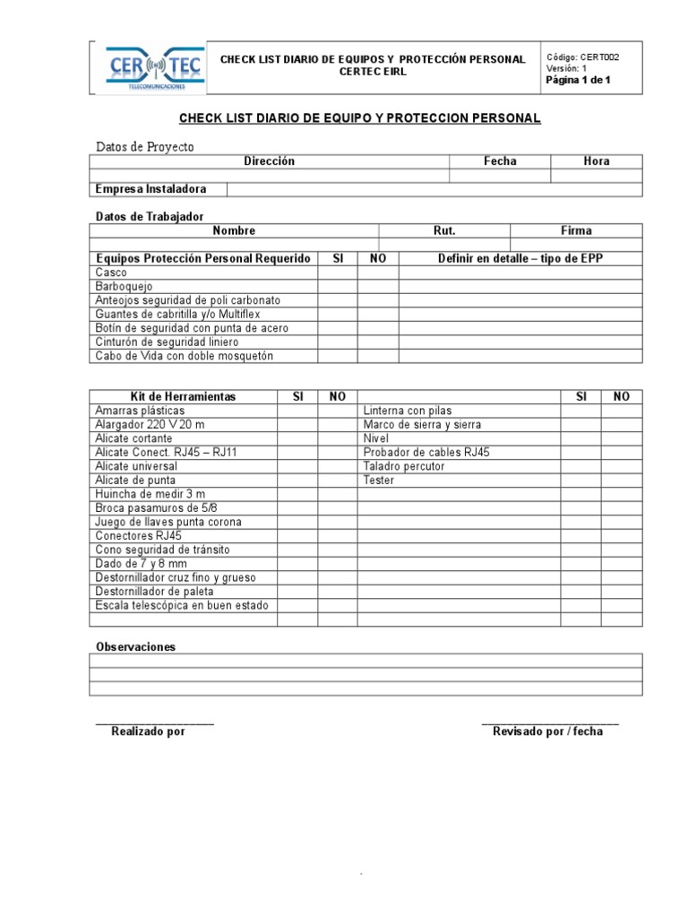 Lista de Chequeo Diario EPP Certec | PDF