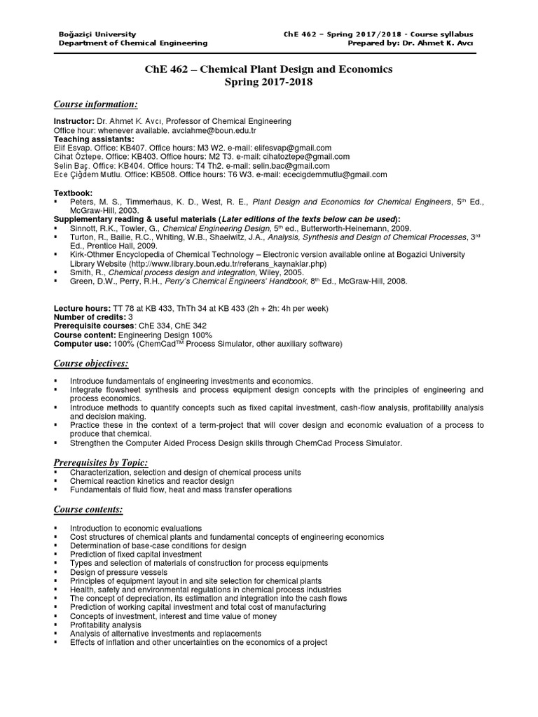 ChE 462 Course Syllabus - Spring 2018 | PDF | Academic Dishonesty | Design