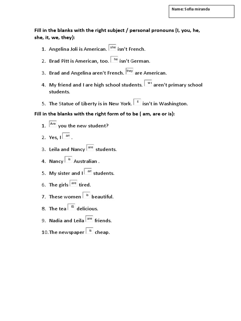 Fill in The Blanks With The Right Subject / Personal Pronouns (I, You ...