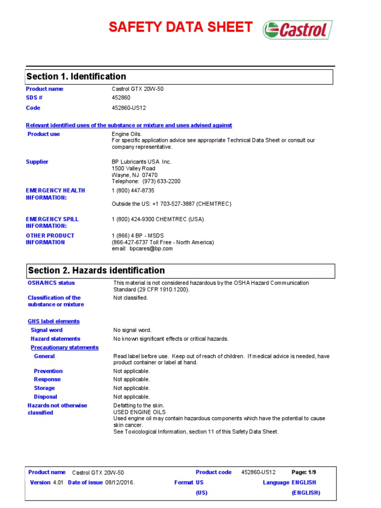 Datasheet Castrol 20w50 GTX | PDF | Personal Protective Equipment | Waste