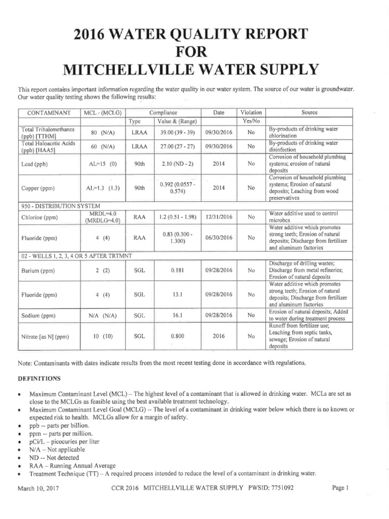 2016 Water Quality Report For Mitchellville Water Supply | PDF