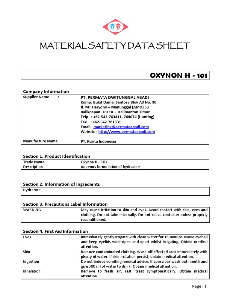 Msds Oxynon H - 101 | PDF | Personal Protective Equipment | Water