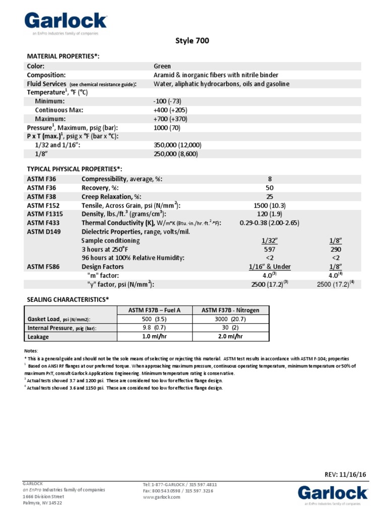 Garlock Style 700 Spec Sheet - (NA) 2016-11 en | PDF | Materials ...