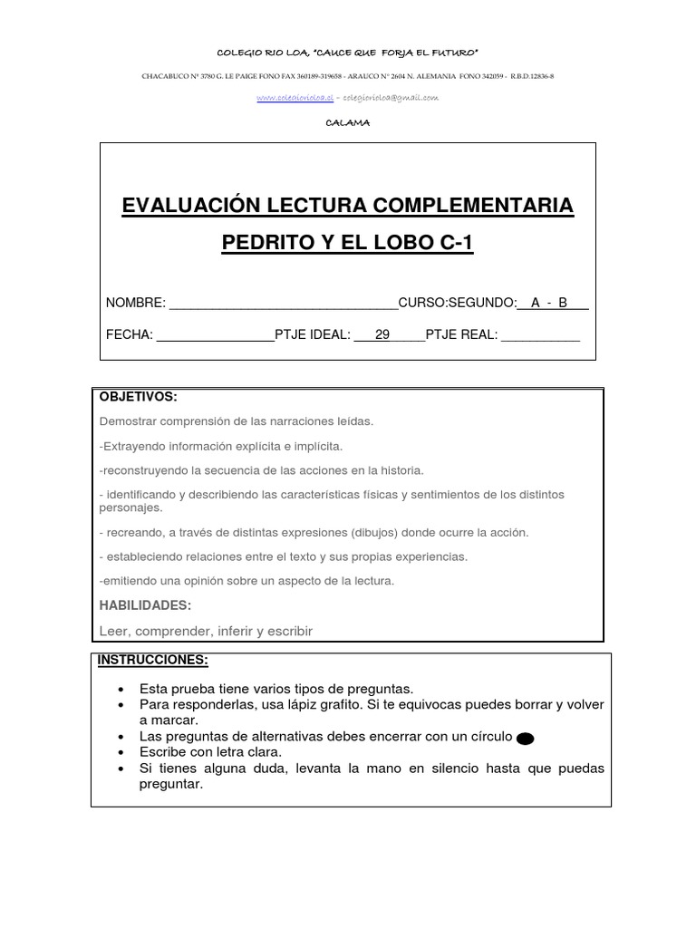 Evaluación de Pedro y El Lobo | PDF | Lectura (proceso)