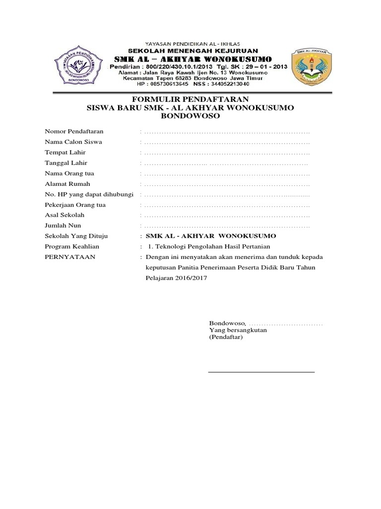 Formulir Pendaftaran Siswa Baru SMK | PDF