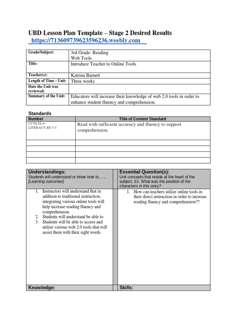 UBD Lesson Plan Template - Stage 2 Desired Results | PDF