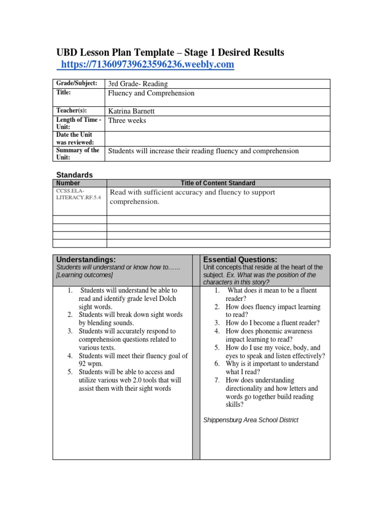 UBD Lesson Plan Template - Stage 1 Desired Results | PDF | Reading ...