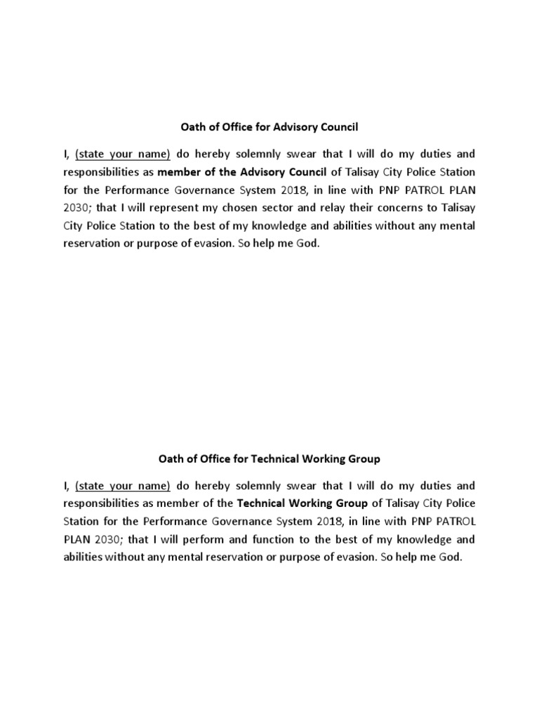 Oath of Office For Advisory Council | PDF | Oath Of Office | State ...