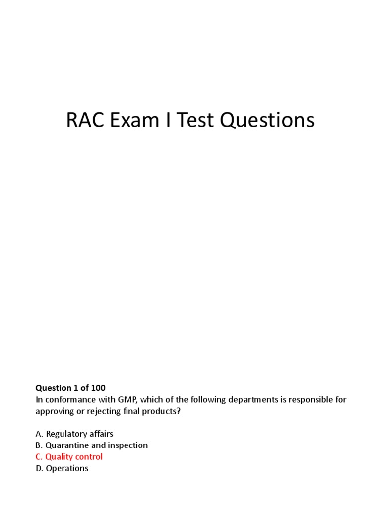 RAC Exam I Test Questions - Flash Cards Answer - Key | PDF | Food And ...