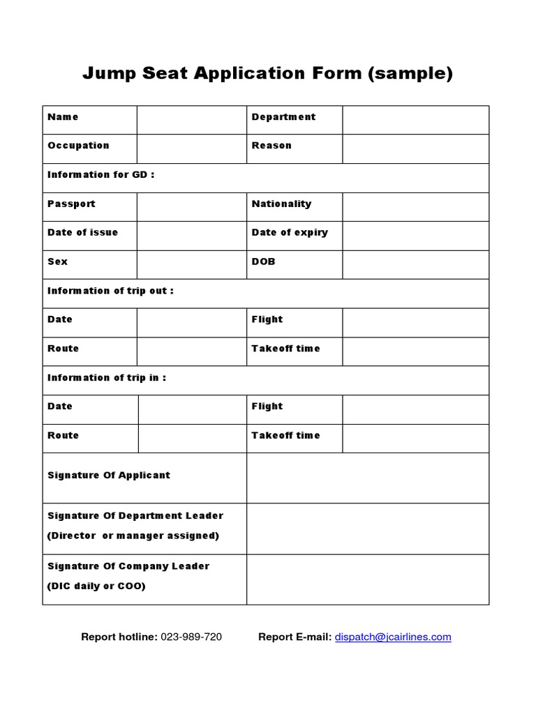 Jump Seat Application Form (Sample) : Report Hotline: 023-989-720 ...