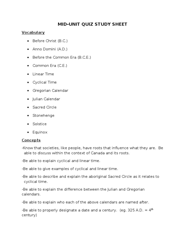 Mid-Unit Quiz Study Sheet | PDF | Social Science