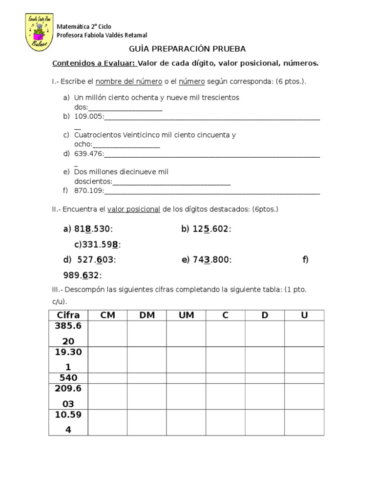 GUÍA PRUEBA Numeros Valor Posicional | PDF