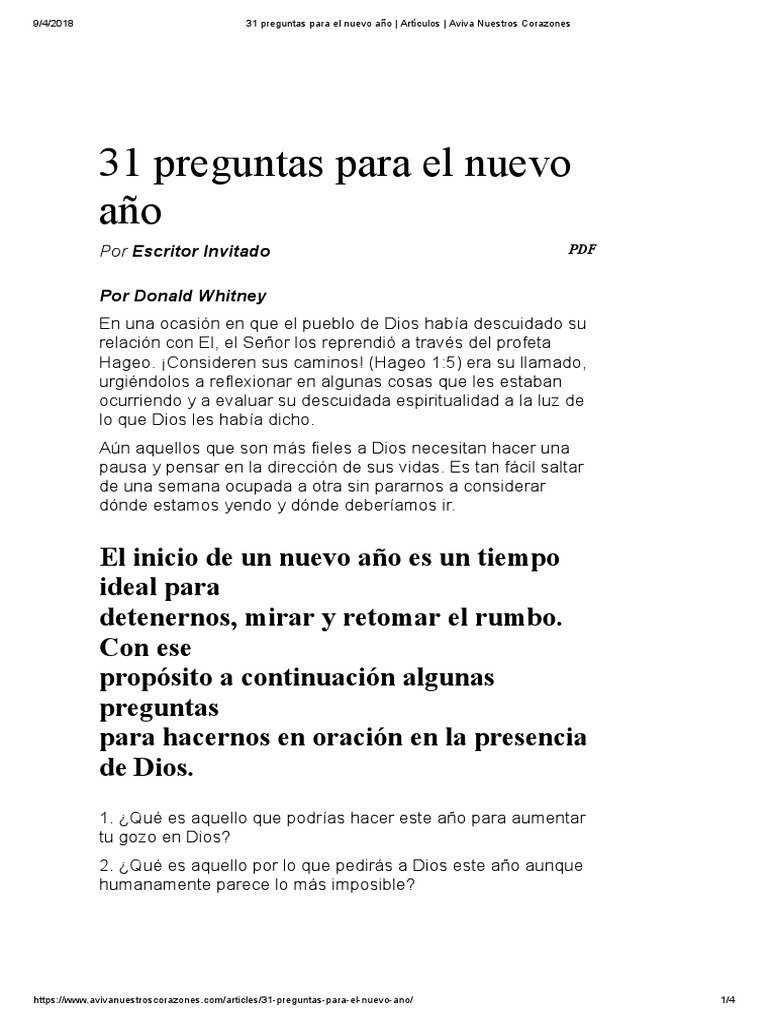 31 Preguntas para El Nuevo Año - Artículos - Aviva Nuestros Corazones ...
