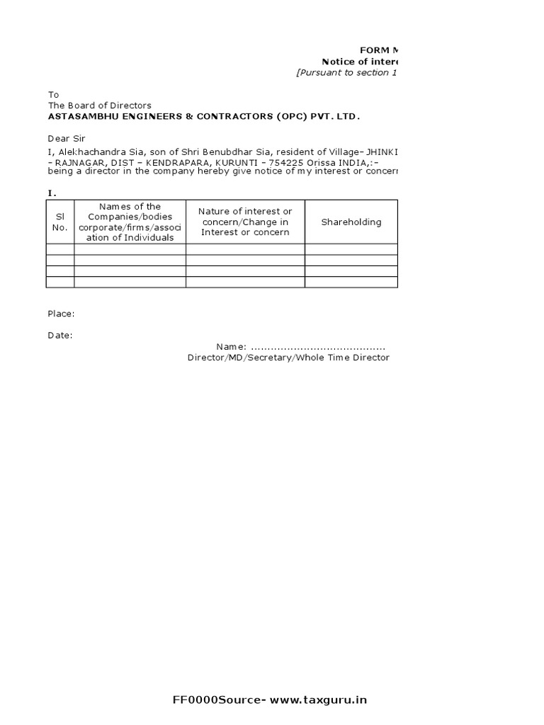 Form MBP - 1 Notice of Interest by Director: (Pursuant To Section 184 ...