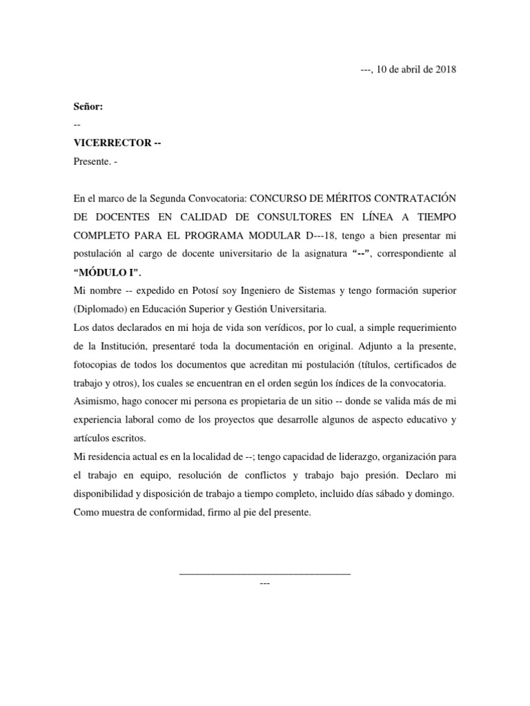 Carta de Postulacion Cargo Docente Universitario | PDF