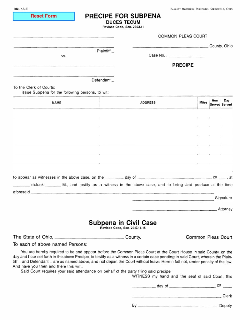 Civil Precipe for Subpoena Duces Tecum | Subpoena | Subpoena Duces Tecum