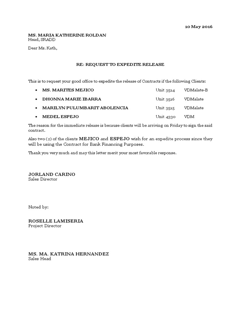 Request to Expedite the Release of Contracts for Four Clients Needing ...