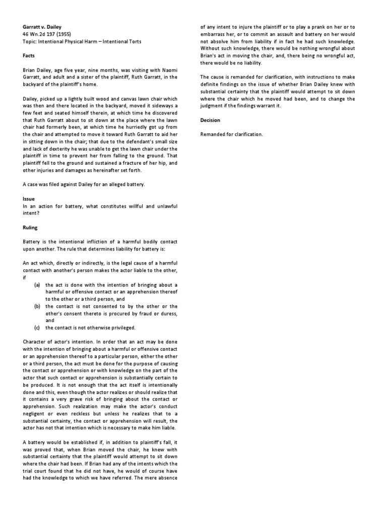 Garratt V Dailey | PDF | Intention (Criminal Law) | Tort
