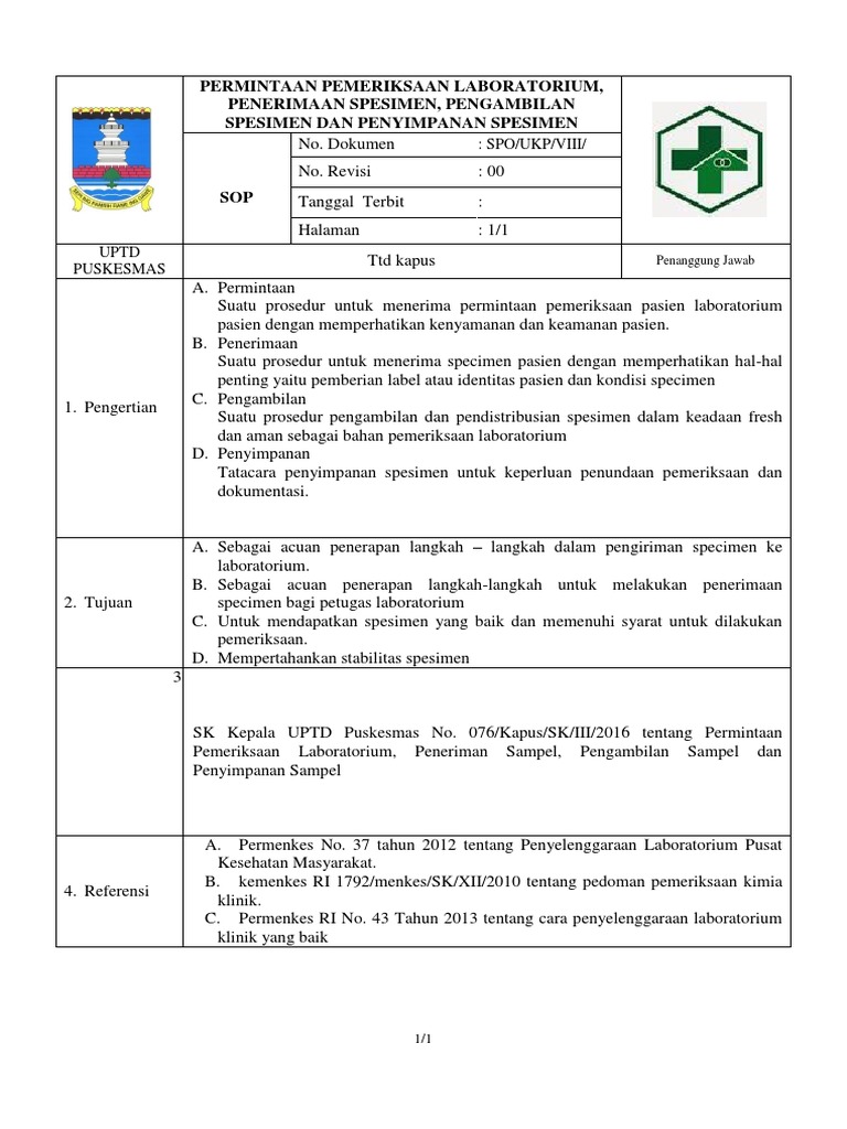 8.1.2.1. Sop Permintaan Pemeriksaan, Penerimaan Specimen, Pengambilan ...