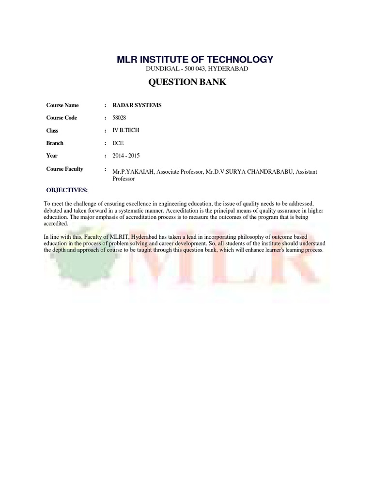 RS Tutorial Question Bank | PDF | Radar | Bandwidth (Signal Processing)