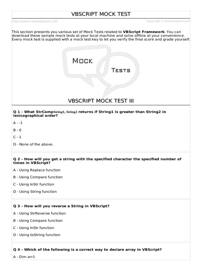 Vbscript Mock Test II | PDF | Class (Computer Programming) | Subroutine