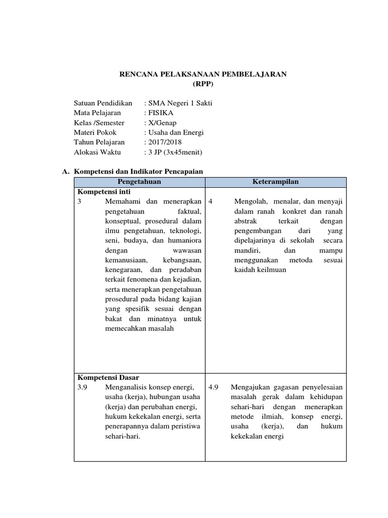 Susunan Usaha Dan Energi RPP | PDF