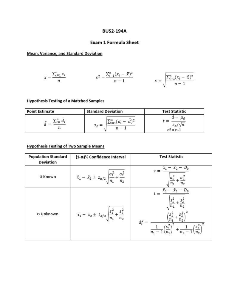 BUS194A Exam1 Formula Sheet | PDF | Standard Error | Errors And Residuals