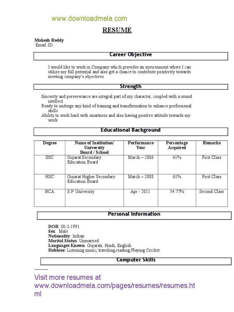 BCA Fresher Resume Sample Template | PDF | Cognition | Computing And ...
