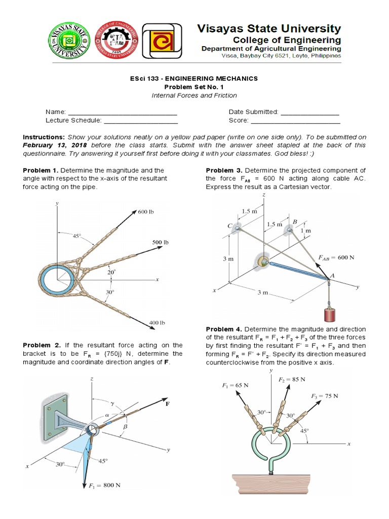 Esci 133 - Engineering Mechanics Problem Set No. 1: Internal Forces and Friction | PDF