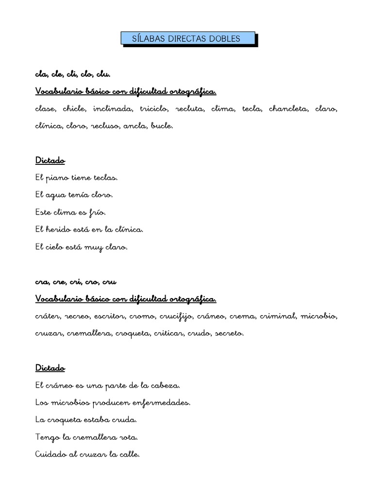 Sílabas Directas Dobles: Vocabulario y Dictados | PDF | Naturaleza