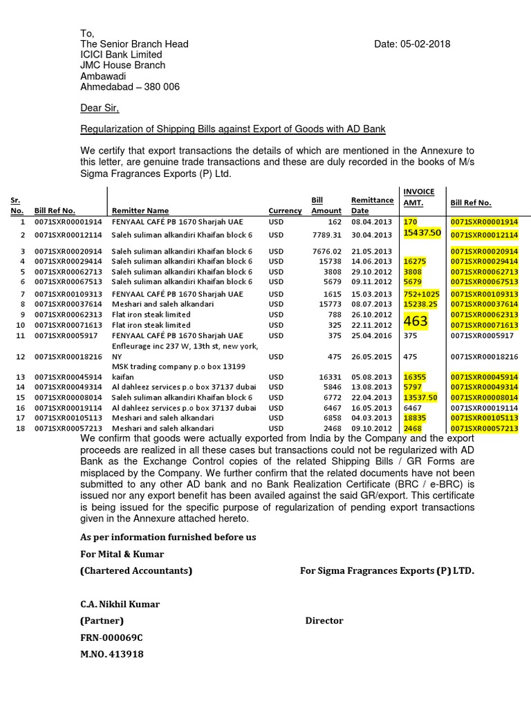 Sr. No. Bill Ref No. Remitter Name Currency Bill Amount Remittance Date ...