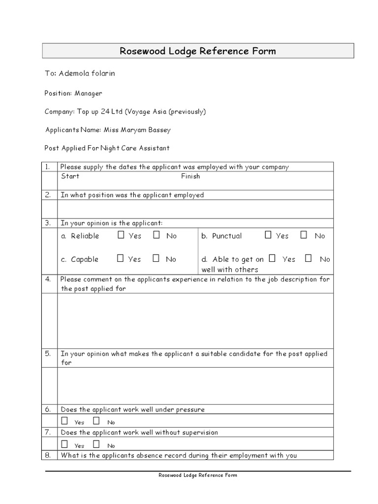 Rosewood Lodge Reference Form: To: Ademola Folarin | PDF