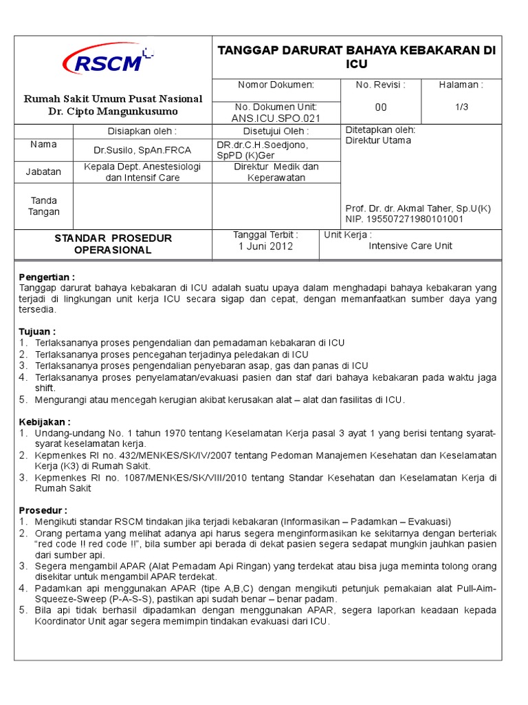 Draft SPO Tanggap Darurat Bahaya Kebakaran Di ICU | PDF | Sains ...