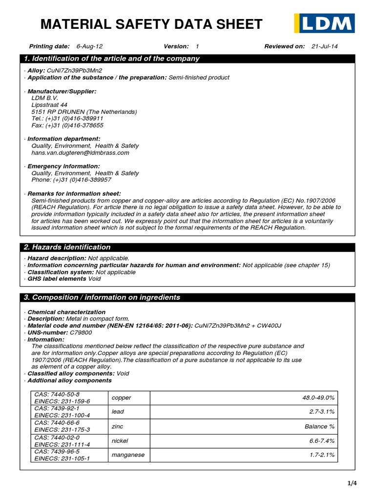 LDM CuNi7Zn39Pb3Mn2 MSDS | PDF | Occupational Safety And Health | Safety