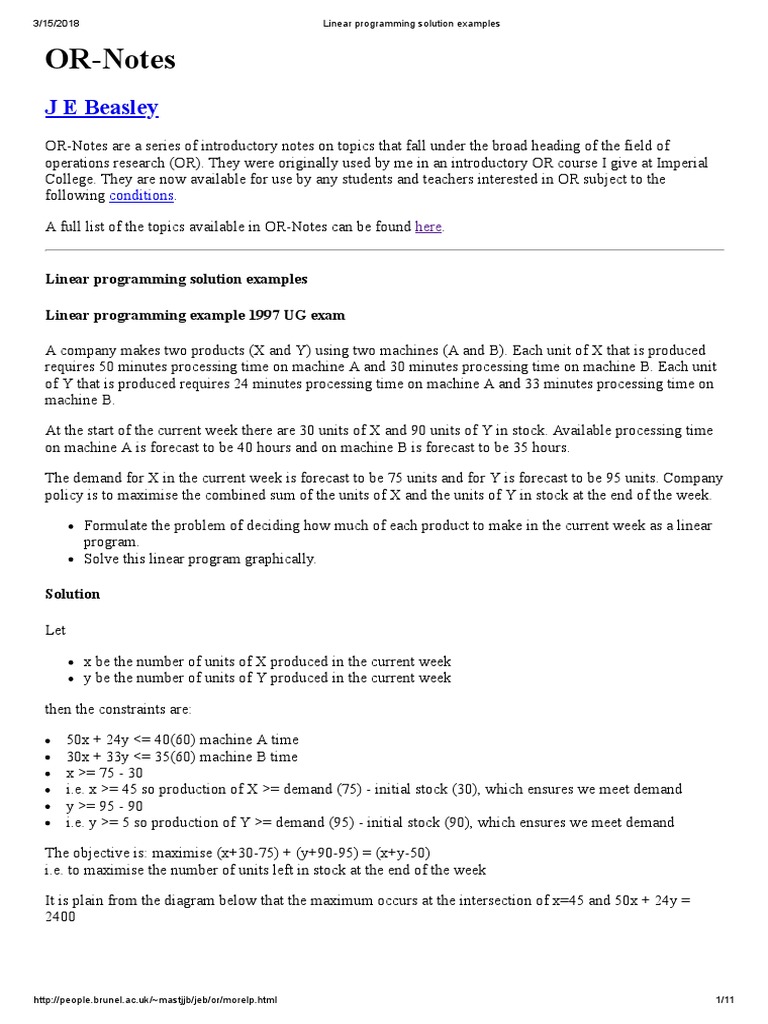 Linear Programming Solution Examples Pdf Linear Programming Loss