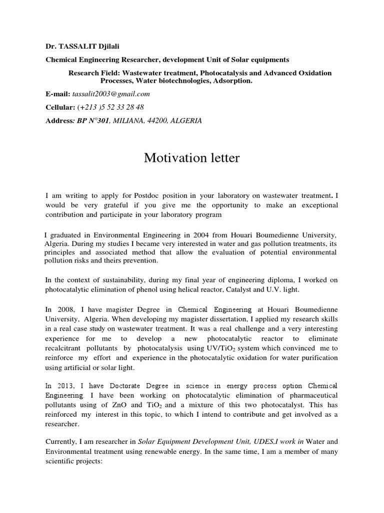 Motivation Letter Postdoc | PDF | Sewage Treatment | Water Motivation Letter Postdoc | PDF | Sewage Treatment | Water